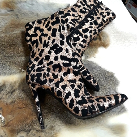 JustFab | Shoes | Shylan Leopard Print Stiletto Bootie Metallic Gold ...